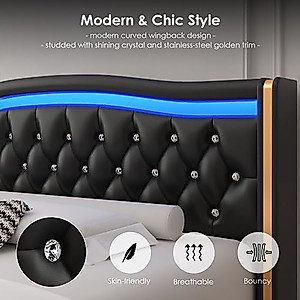 HIFIT Queen Smart LED Platform Bed Frame with 4 Storage Drawers, Crystal Button-Tufted & Stainless Gold Trim Wingback Headboard/Modern PU Upholstered Black Bed Frame/No Box Spring Needed/Easy Assembly