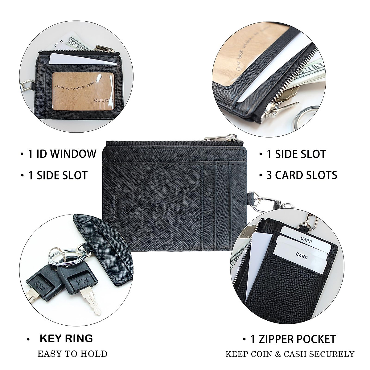 Boshiho Saffiano Leather Credit Card Holder Coin Change Purse with Key Ring Keychain - unisex
