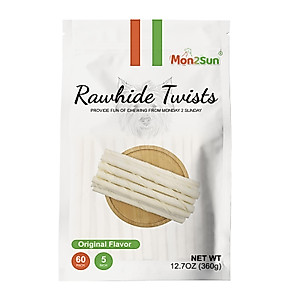 MON2SUN Dog Rawhide Twist Sticks Natural 5 Inch Thin Sticks Rawhide Chews Dog Treats for Puppy and Small Dogs 60 Count, 12.7oz