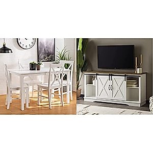 Walker Edison 4 Person Modern Farmhouse Dining Room Kitchen Table Set Dining 4 Chairs Set, 48 Inch, White & Richmond Modern Farmhouse Sliding Barn Door TV Stand, White and Rustic Oak