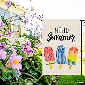 Roberly Hello Summer Garden Flag Double Sided Popsicles Ice Cream Red Blue Rainbow Vertical Banner for Outdoor Yard Summer Decorations Gifts(12.5" x 18")