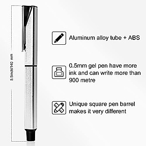 WELLDO Ballpoint Pen Black Square Gel Pens Metal Barrel with Anti-skid Clip, Fine Point 0.5mm EDC Pocket Pen for Office School Writing Studying