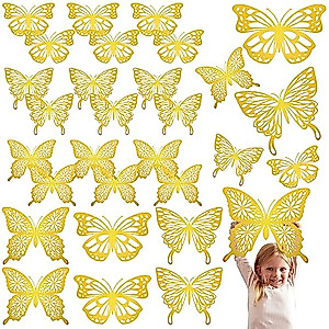 Yeaqee 24 Pcs Large Butterfly Party Decoration Set 2 Sizes 3 Styles Large 3D Golden Butterflies Wall Decor Stickers for Birthday Baby Shower Nursery Bedroom Wedding Decor Cutouts