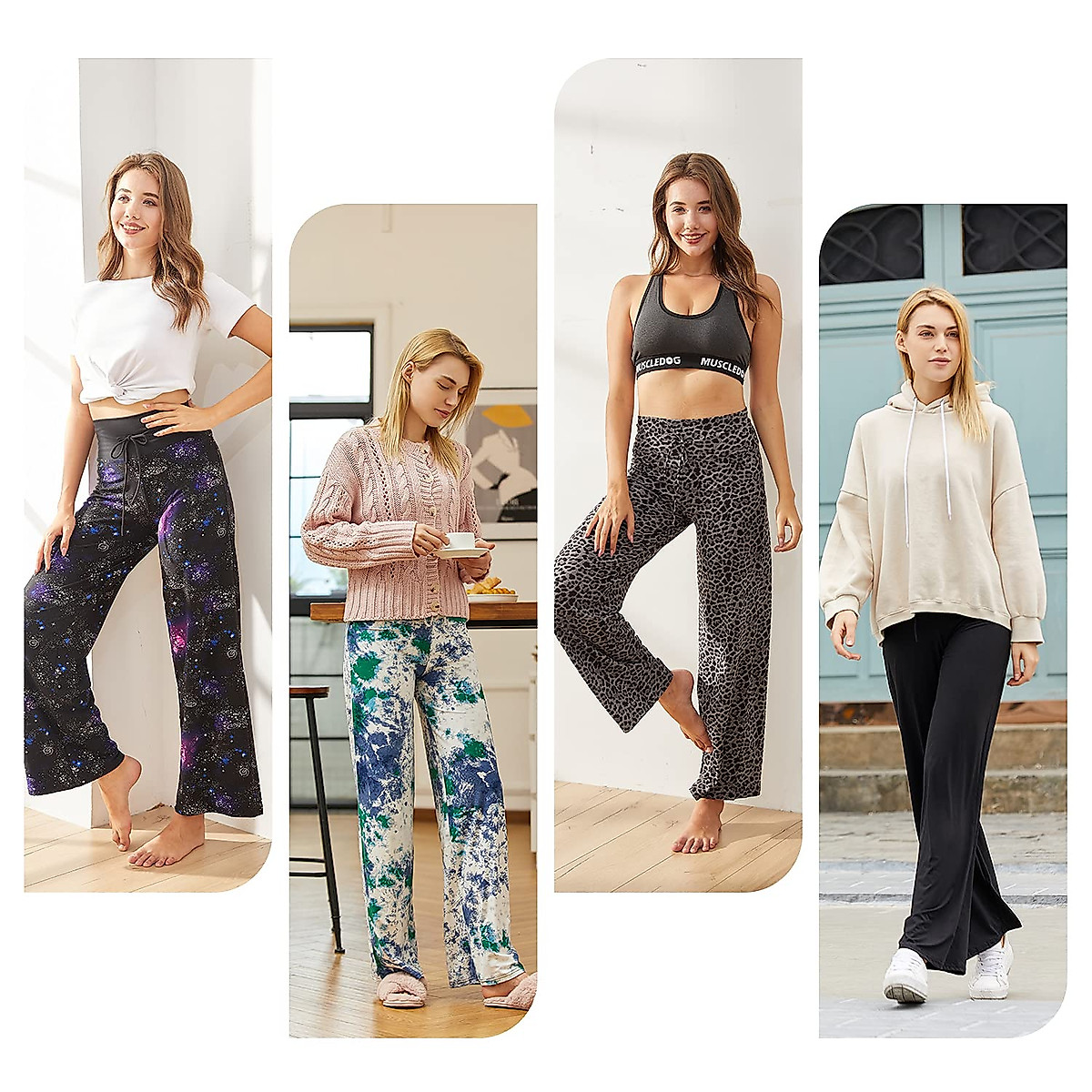 ZOOSIXX Women's Buttery Soft Pajama Pants | Floral Print Drawstring Casual Palazzo Lounge Pants Wide Leg | For All Seasons (B-sky Blue 2, Large)