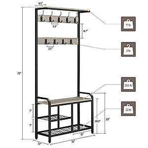 Topeakmart Hall Tree with Bench and Shoe Storage, Coat Rack with Top Shelf, 23 Hooks, 4-in-1 Design, Entryway Storage Organizer for Hallway Bedroom Apartment, Metal Frame, Gray