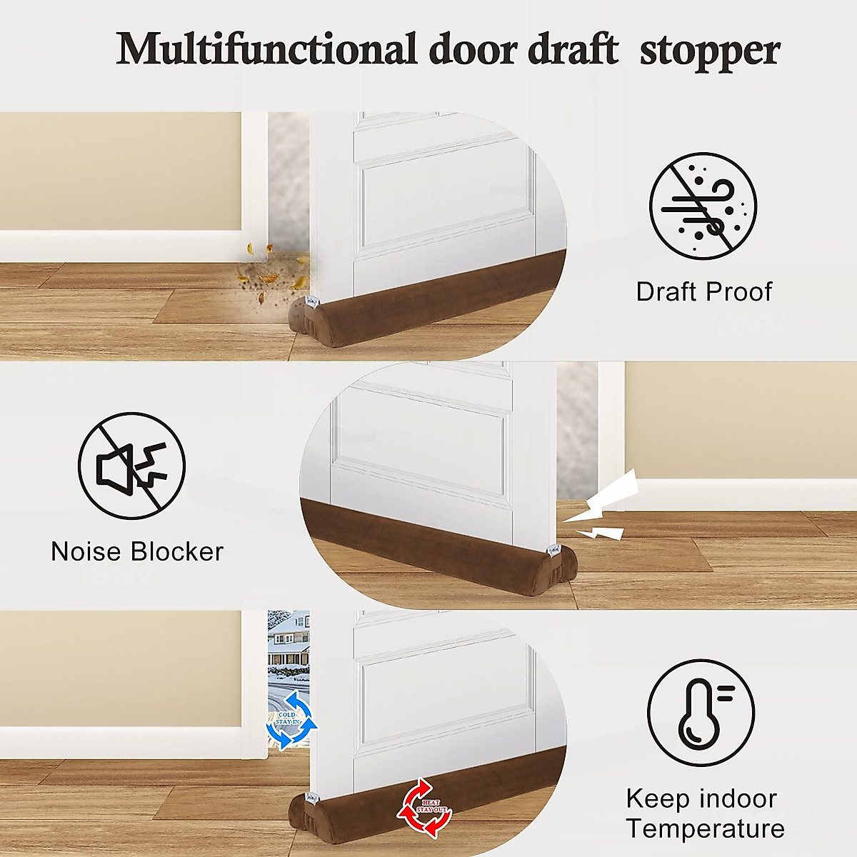 fowong Door Draft Stopper 36 Inch Soundproofing Draft Stoppers Seal for Interior Exterior Doors, Adjustable Window Breeze Blocker, Brown