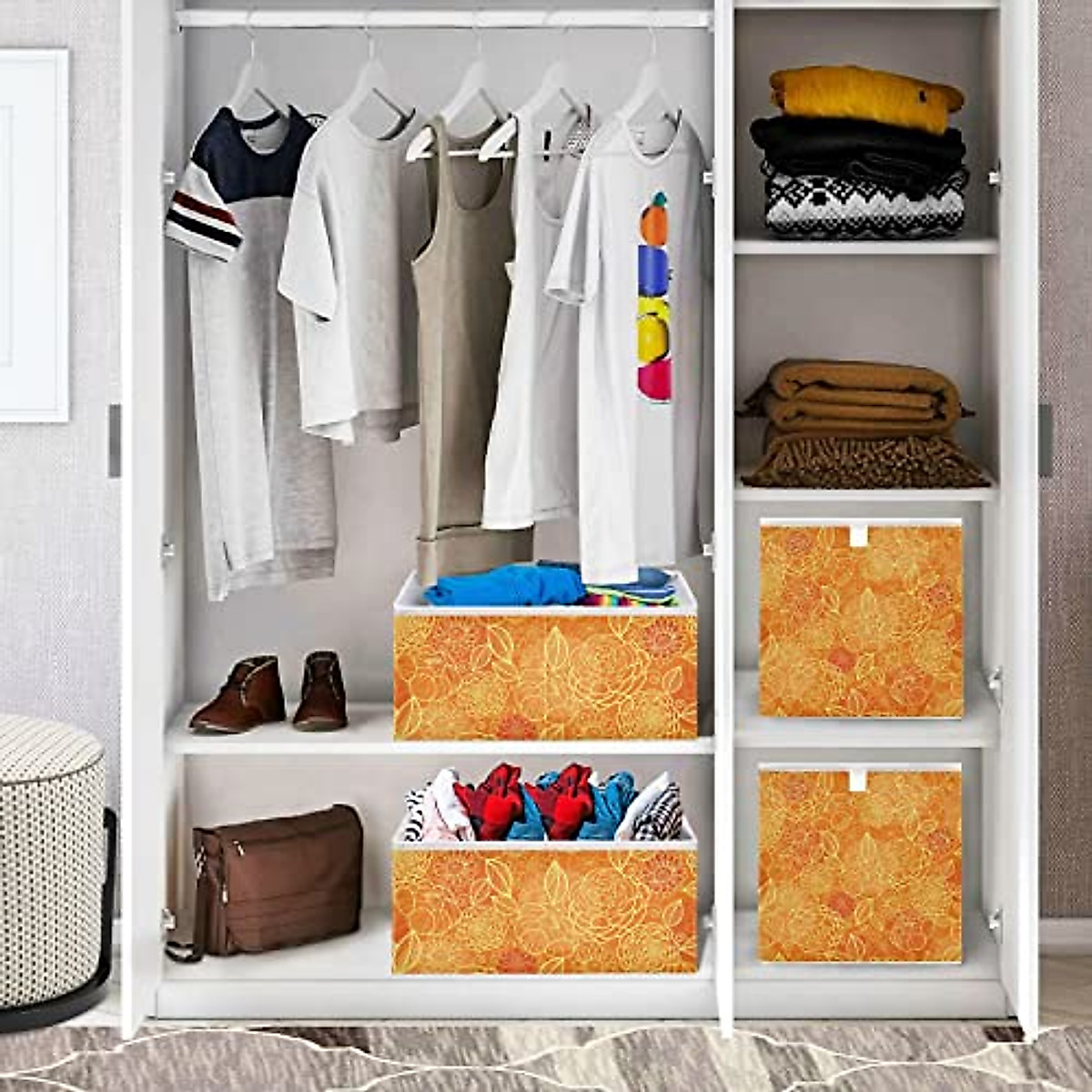 Orange and Golden Flowers Storage Bins Cubes Storage Baskets Fabric Foldable Collapsible Decorative Storage Bag with Handles for Shelf Closet Bedroom Home Gift 11" x 11" x 11"