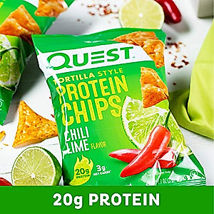 Quest Nutrition Chili Lime Tortilla Style Protein Chips, 20g Protein, 3g Net Carbs, Low Carb, Gluten Free, 1.1 oz (Pack of 12)