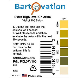 Extra High-Level Chlorine Test Strips, 0-10,000 ppm [Vial of 100 Strips]