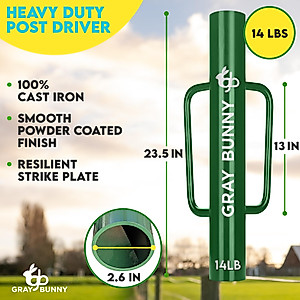 Gray Bunny T Post Driver with Handles, 14LB Heavy Duty Fence Post Driver, Post Pounder for T-Posts, U Channel, Wood, Metal Fence Posts and Signs - Rust Resistant Cast Iron