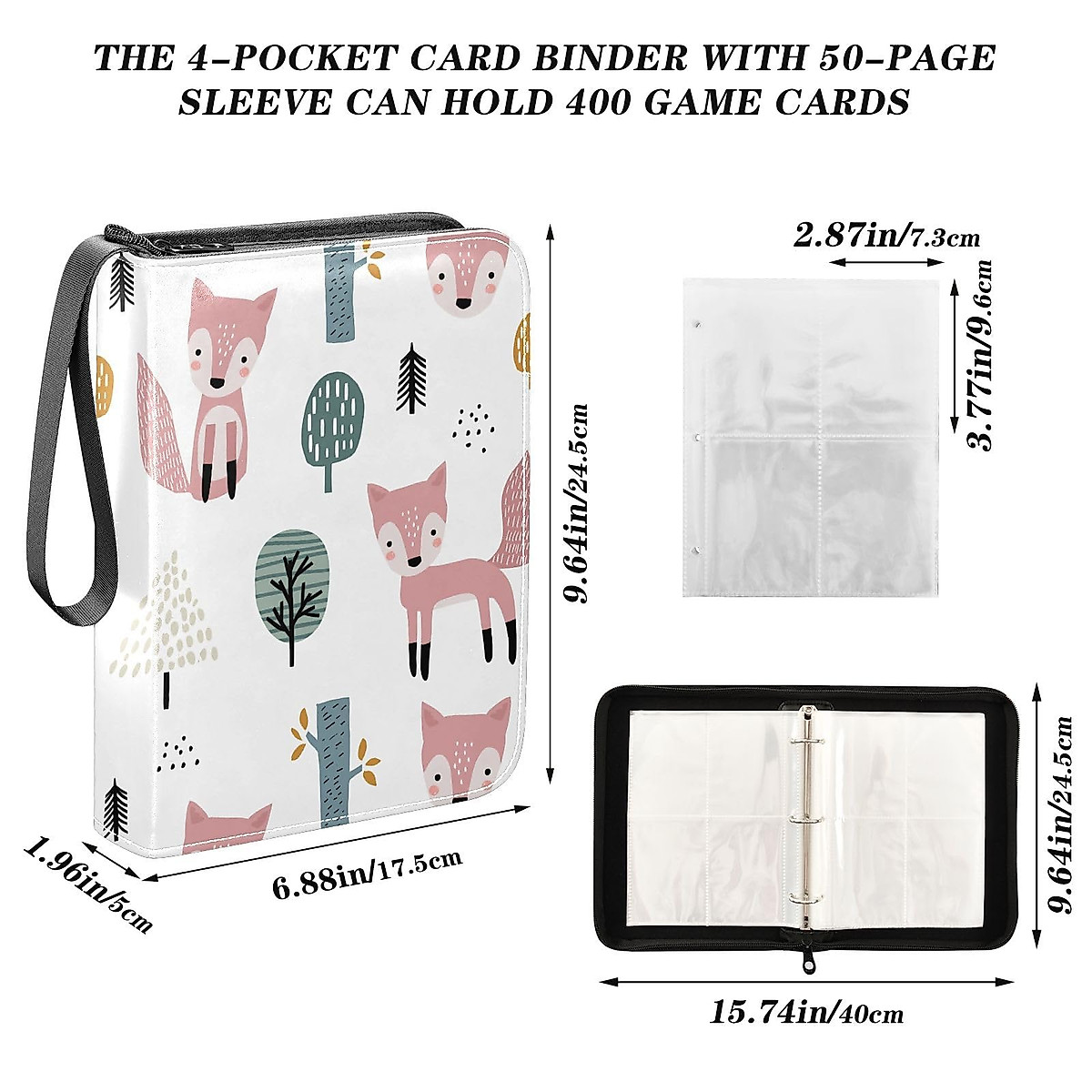 PYBUG Fox Trading Card Binder with Nylon Strap 4-Pocket Waterproof PU Leather Card Collection Binder for 400 Cards Sturdy Card Holder Folders for Game Cards,Sports Cards