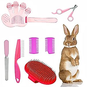 7 Pieces Rabbit Grooming Kit with Rabbit Grooming Brush, Small Pet Nail Clippers and Pet Hair Remover, Pet Shampoo Bath Brush with Adjustable Ring Hand Strap for Small Rabbit, Hamster, Bunny