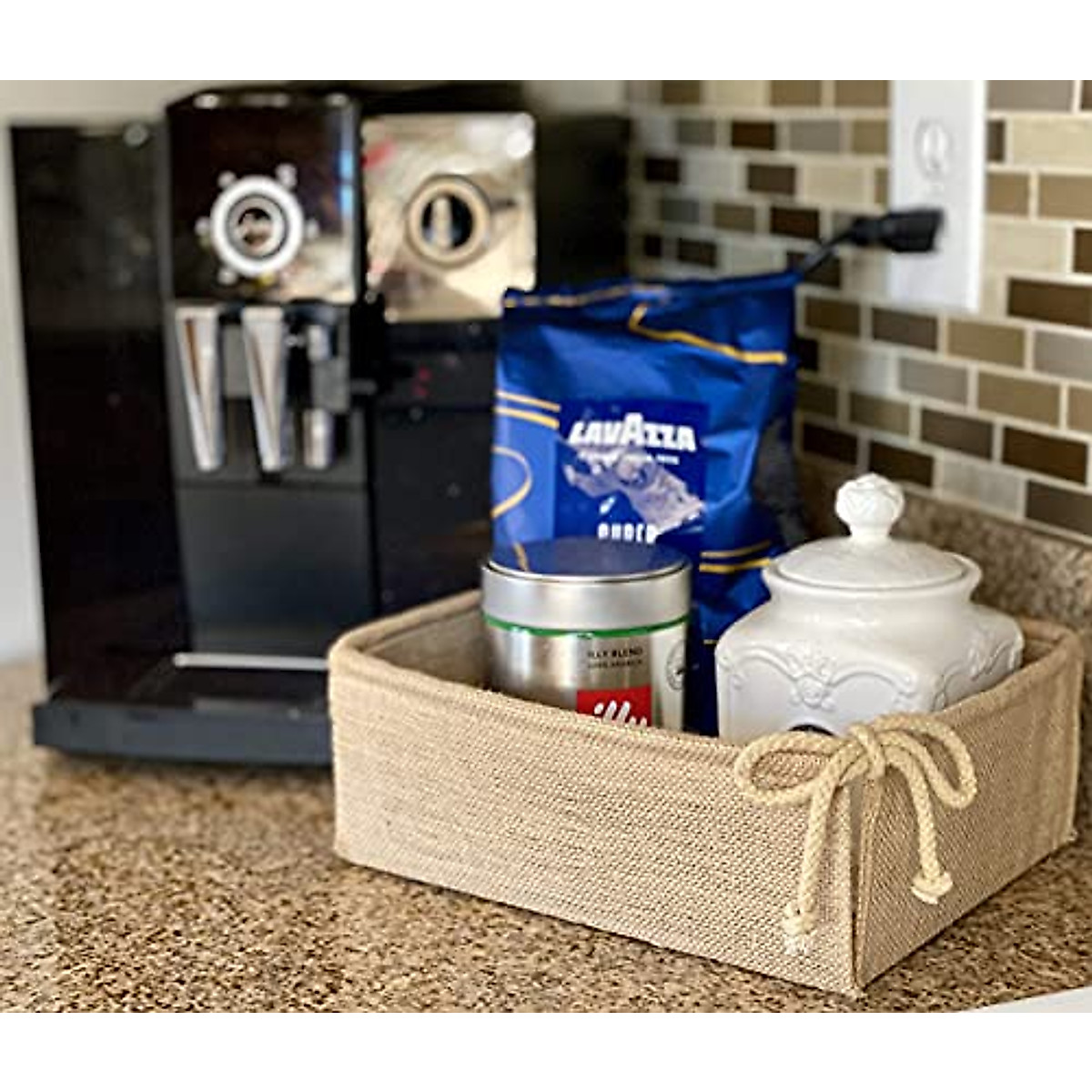 Decorative Basket Rectangular Burlap Fabric Storage Bin Collapsible Organizer for Home, Decor and Gifts (Large 14 x 9.75 x 4 inches)