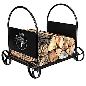 ART-GIFTREE Small Firewood Rack Holder, Decorative Fireplace Log Rack with Wheels, Iron Firewood Carriers for Indoor/Outdoor, Heavy Duty Logs Storage Stand for Fire Pit Stove Accessories - Family