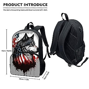 Vodetik American Flag Wolf Book Bag Kids School Backpack for Teens Girls Boys Smell Proof Bookbag with Side Pockets and Adjustable Shoulder Strap16.9x11.8x6.3 Inch