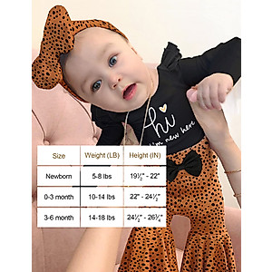 ADIFUN Newborn Girl Clothes Hi I'M New Here Black Ruffle Long Sleeve Tops Tights Leopard Baby Bell Bottoms Headband Hood 4pcs Set Newborn Baby Girl Outfits