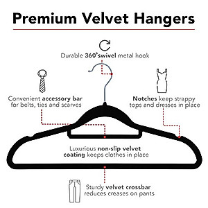 CRESNEL Non-Slip Velvet Clothes Hangers - Ultra Thin Space Saving Design for Men and Women Dress Suit - 50 pcs Set - Solid Black