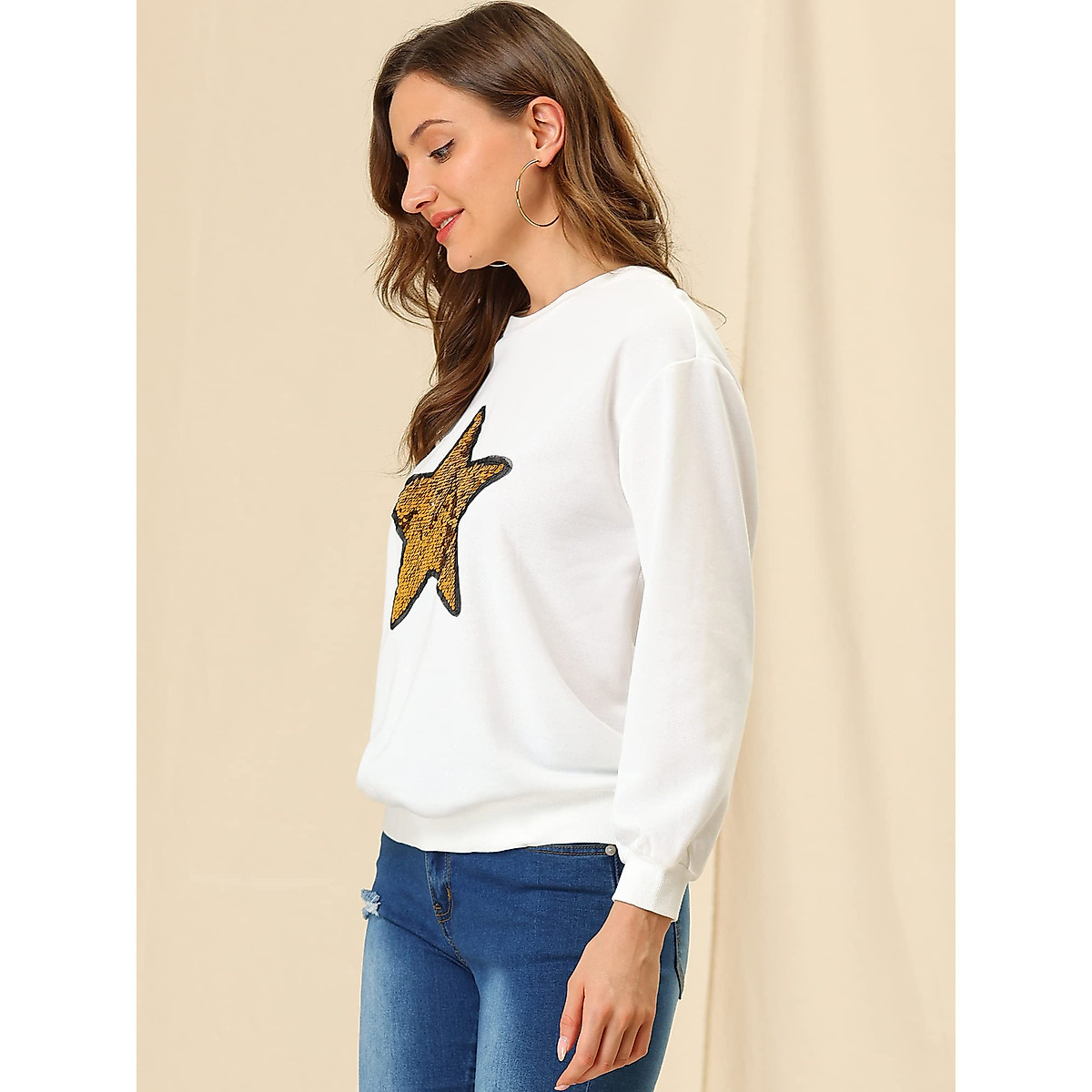 Allegra K Women's Sequin Shiny Star Crew Neck Long Sleeve Sweatshirt Top White Medium