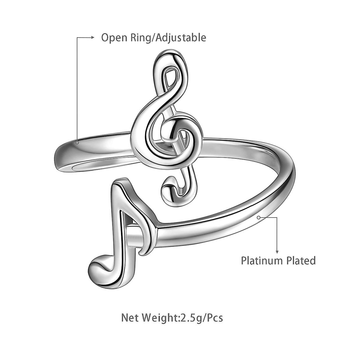 beautlace Musical Note Adjustable Rings Silver Plated Love Heart Treble Clef Music Note Open Ring Jewelry Gifts for Music Lover KR0026W