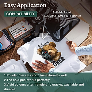 TJ-OCEAN DTF Powder Film Kit for Sublimation & DTF Printer,23Pcs Sensor recognition Stickers,17.6OZ White Digital Hot Melt Adhesive Powder&10 Direct to Film Iron-on Transfer Paper for all Color Fabric