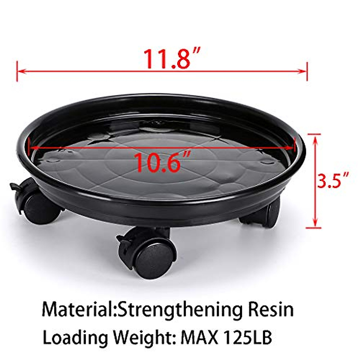 Skelang 4-Pack Plant Caddy 11.8 Inches, Plant Pallet with Brake Wheels, Plant Stand Roller for Indoor and Outdoor Heavy Duty Planter, Load Capacity 125 Lbs (Black)