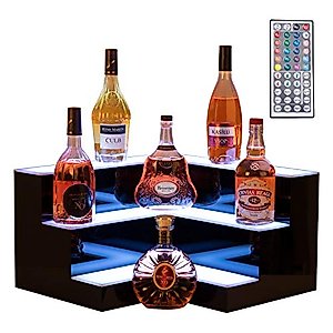 NOVIIML Liquor Bottle Display 20 Inch 3 Step Corner LED Display Shelf DIY Mode Illuminated Bottle Shelf Color Changing with LED Color Remote Control for Home Party Bar L20xW20xH12''