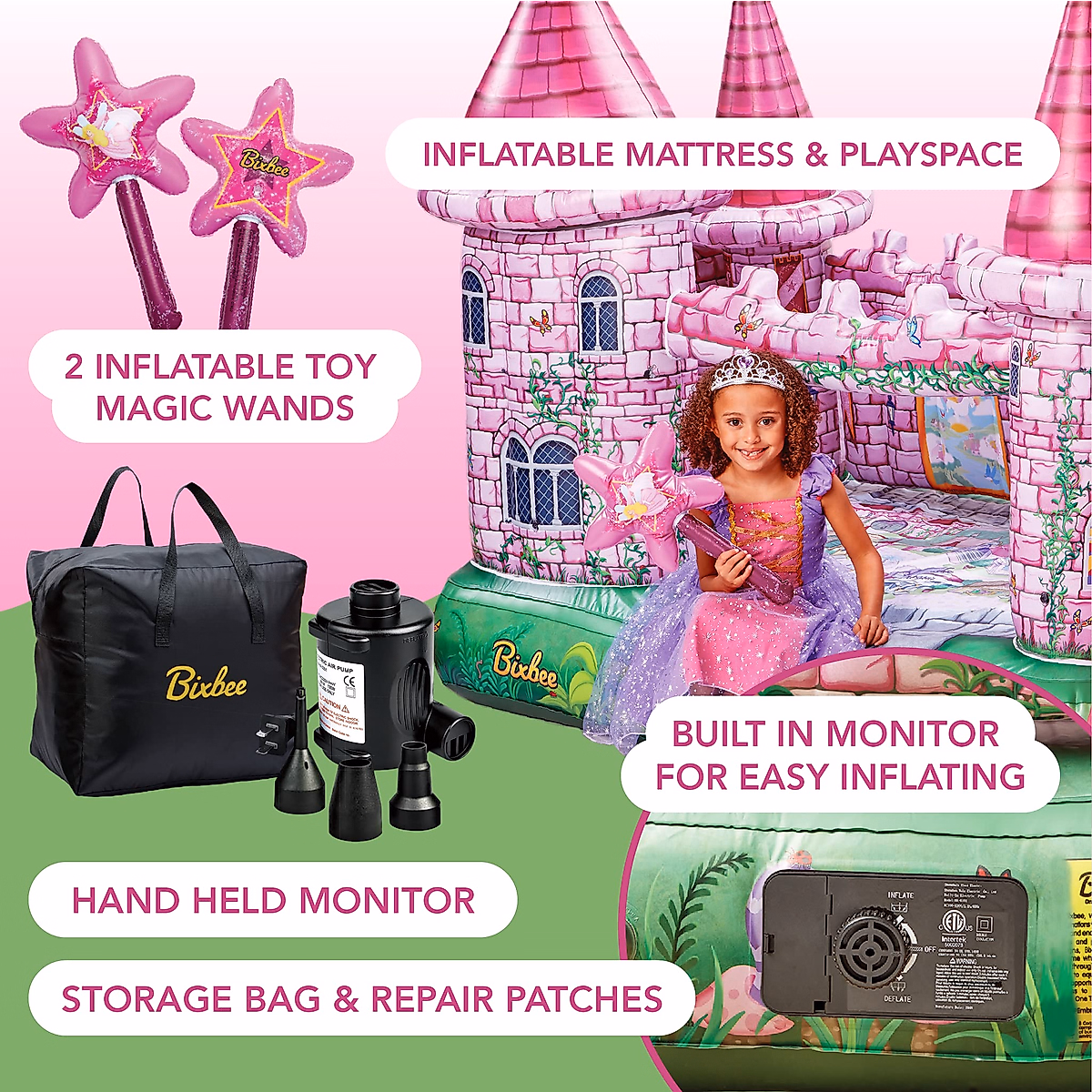 Bixbee Inflatable Pink Princess Castle, Indoor Toddler Playhouse for Kids 3+, Sleepover Mattress Playhouse for Girls & Boys with Built in Motor, Inflates to Over 5ft Tall, Childrens Play House