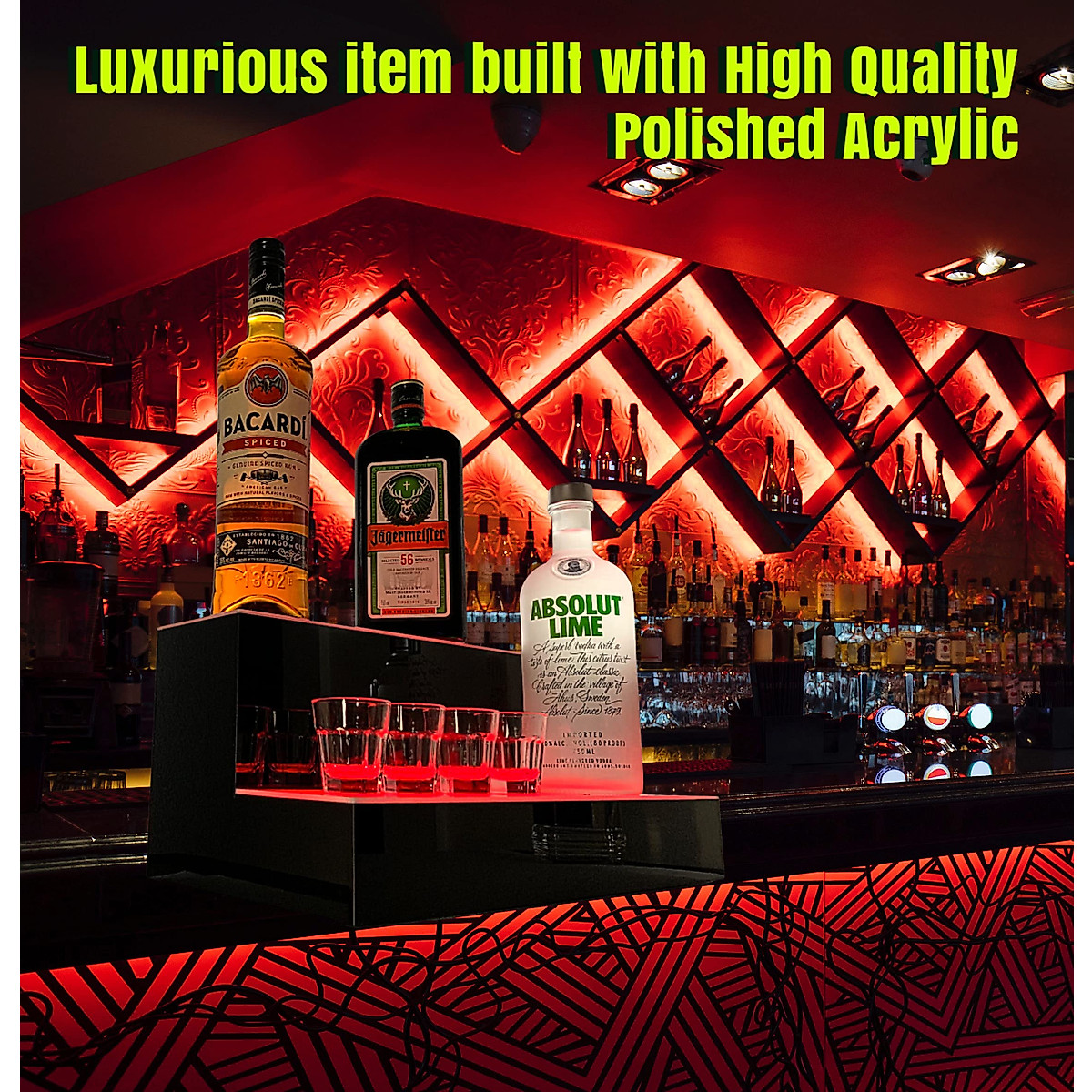 Liquor Bottle Display LED Shelf - 2 Step Multicolor Lighted Bar Stand 16 inch
