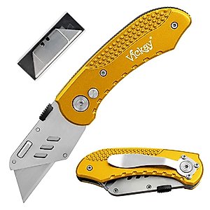 Vickay Folding Utility Knife Box Cutter Utility Blades Heavy Duty with 5 SK5 Quick Change Blades, Safety Axis Lock Design Razor Knife, Lightweight Aluminum Body Belt Clip for Office