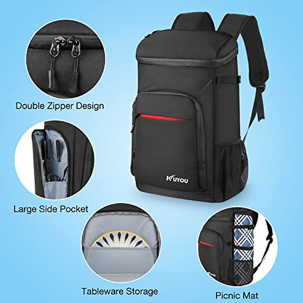 Cooler Backpack 35 Cans Leakproof Insulated Ice Backpack with Picnic Mat Soft Beach Cooler Lightweight Cooling Backpack Bag Pouch for Lunch Picnic Travel Camping Hiking (Black)