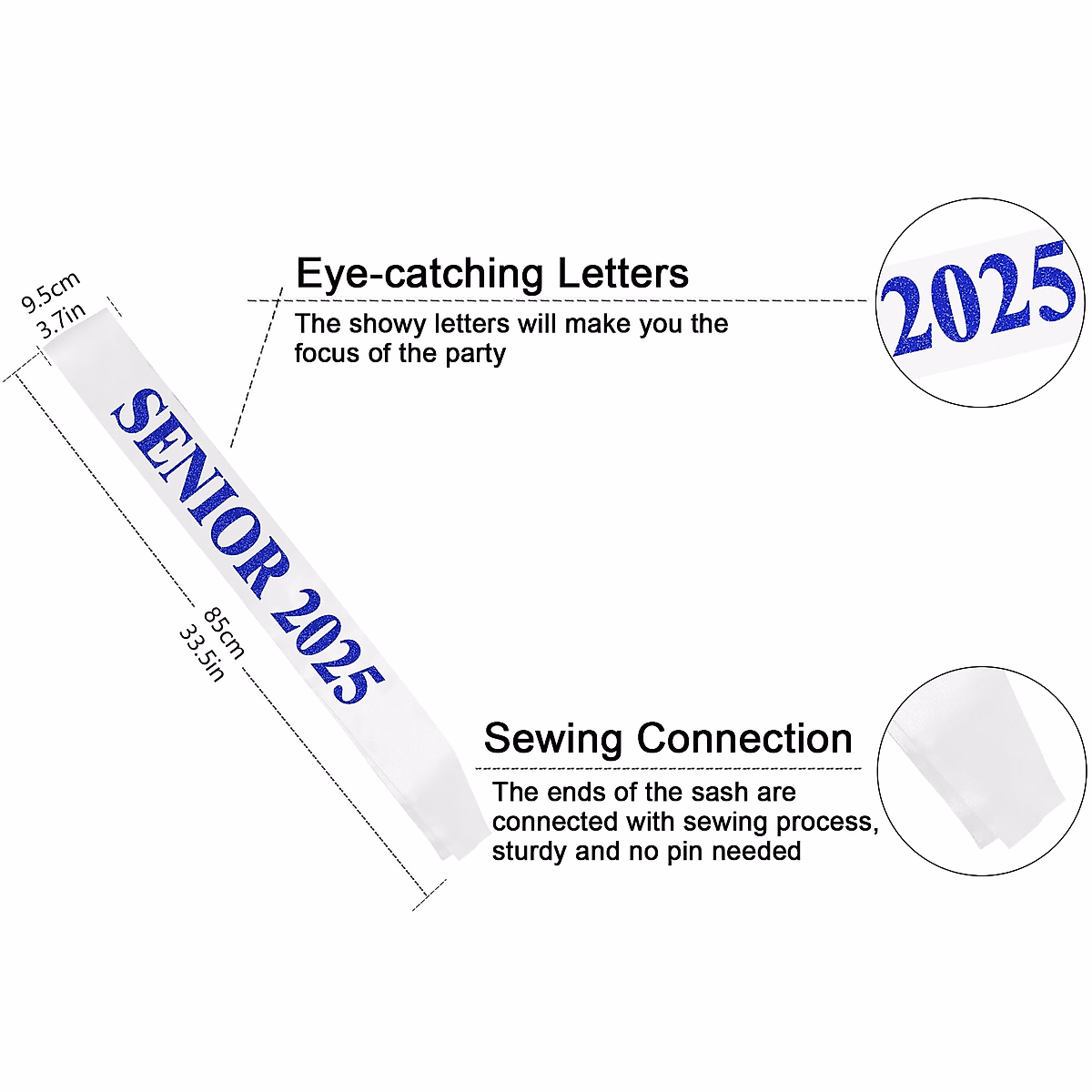 White Senior 2025 Satin Sash with Blue Glitter Letters- 2025 Graduation Sash - Finally Graduated - Senior Cheer Sash - Cheerleader Sash - Competition Sash