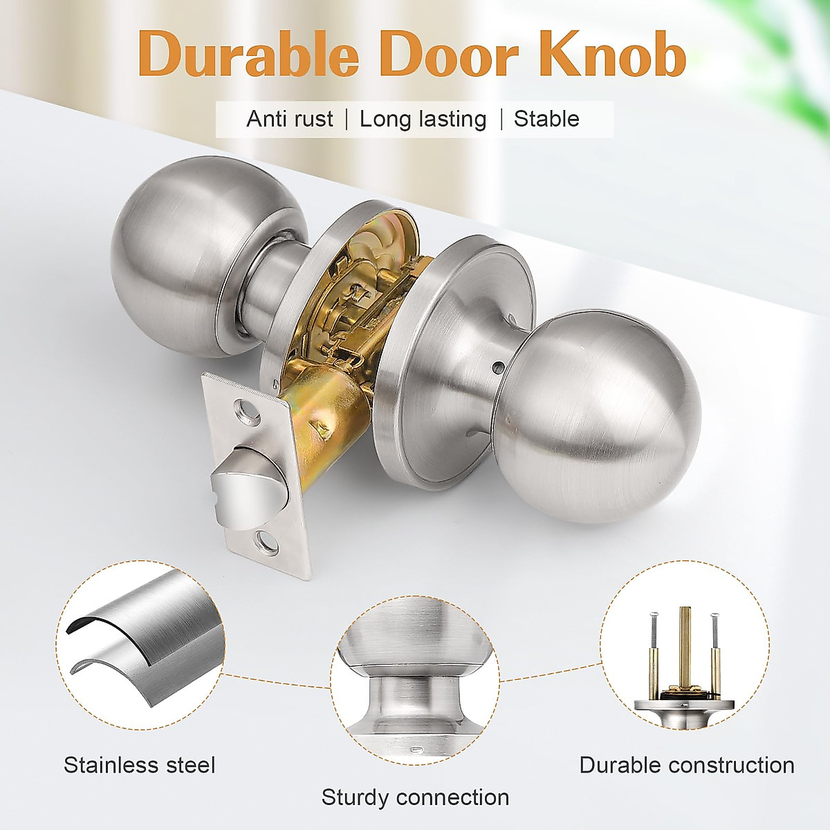 Probrico Round Passage Door Knobs Interior Hall/Closet Door Handles Brushed Nickel Ball Knobs, 3 Pack