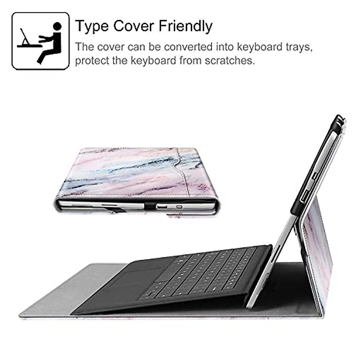 Fintie Case for 12.3 Inch Microsoft Surface Pro 7 Plus, Surface Pro 7/6/5/4/3 - Portfolio Business Cover with Pocket, Compatible with Type Cover Keyboard, Marble Pink