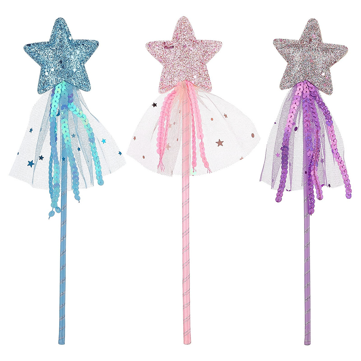 Prasacco 3 PCS Fairy Wands Glitter Princess Wands Star Wands Fairy Stick for Christmas Costume Prop Birthday Party Supply Cosplay Accessories