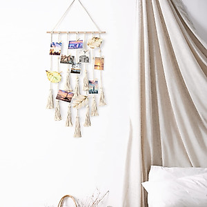 Mkono Hanging Photo Display Boho Macrame Wall Decor with Light, Teen Girl Teenage Gifts, Pictures Cards Frame Holder Art Hanger for Birthday Party Room Bedroom Dorm, with 30 Wood Clips, Ivory