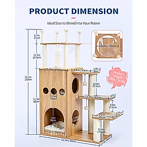 Made4Pets Modern Cat Tree for Large Cat, Wood Cat Tower Heavy Duty with Scratch Post for Indoor Big Cats, 51" Extra Tall Cat Condo Sturdy Frisco Castle with Clear Bowl for Kittens Maine Coon 20Lbs