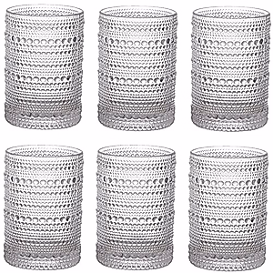 ZOOFOX Set of 6 Vintage Drinking Glasses, 12 oz Clear Hobnail Glasses Tumbler, Embossed Design Glassware for Beverages, Water, Juice, Beer, Cocktail, Whiskey and Milk