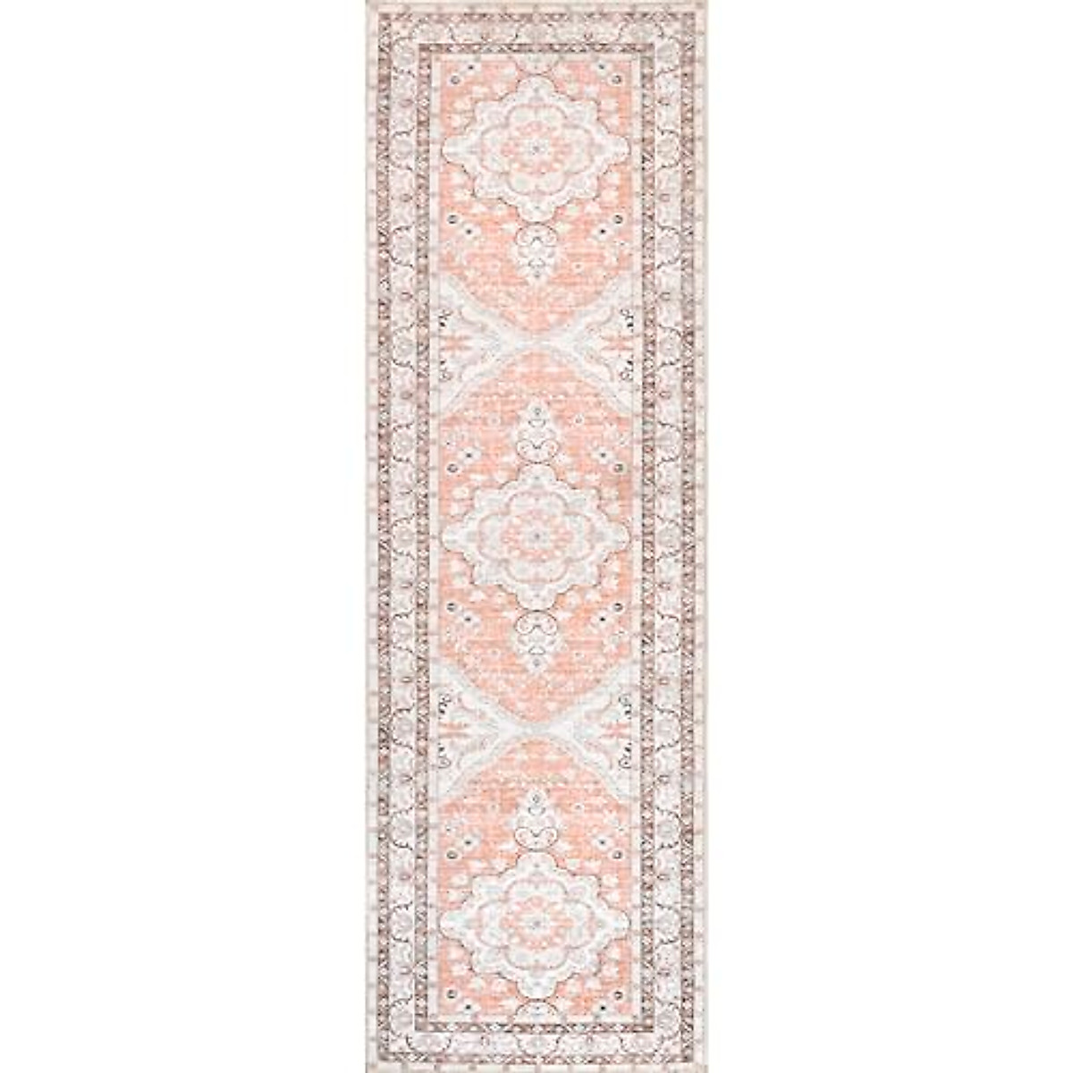 nuLOOM Tracie Machine Washable Floral Medallion Ultra Thin Runner Rug, 2' 6" x 8', Peach