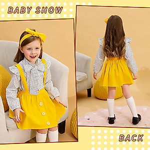 YOUNGER TREE Toddler Girl Outfits 1-4 T Long Sleeve Shirt Overall Skirt Headband Set School Uniform Dress (Polka Dot Blouse + Yellow Suspender Skirt Headband 3PC Set, 4T)
