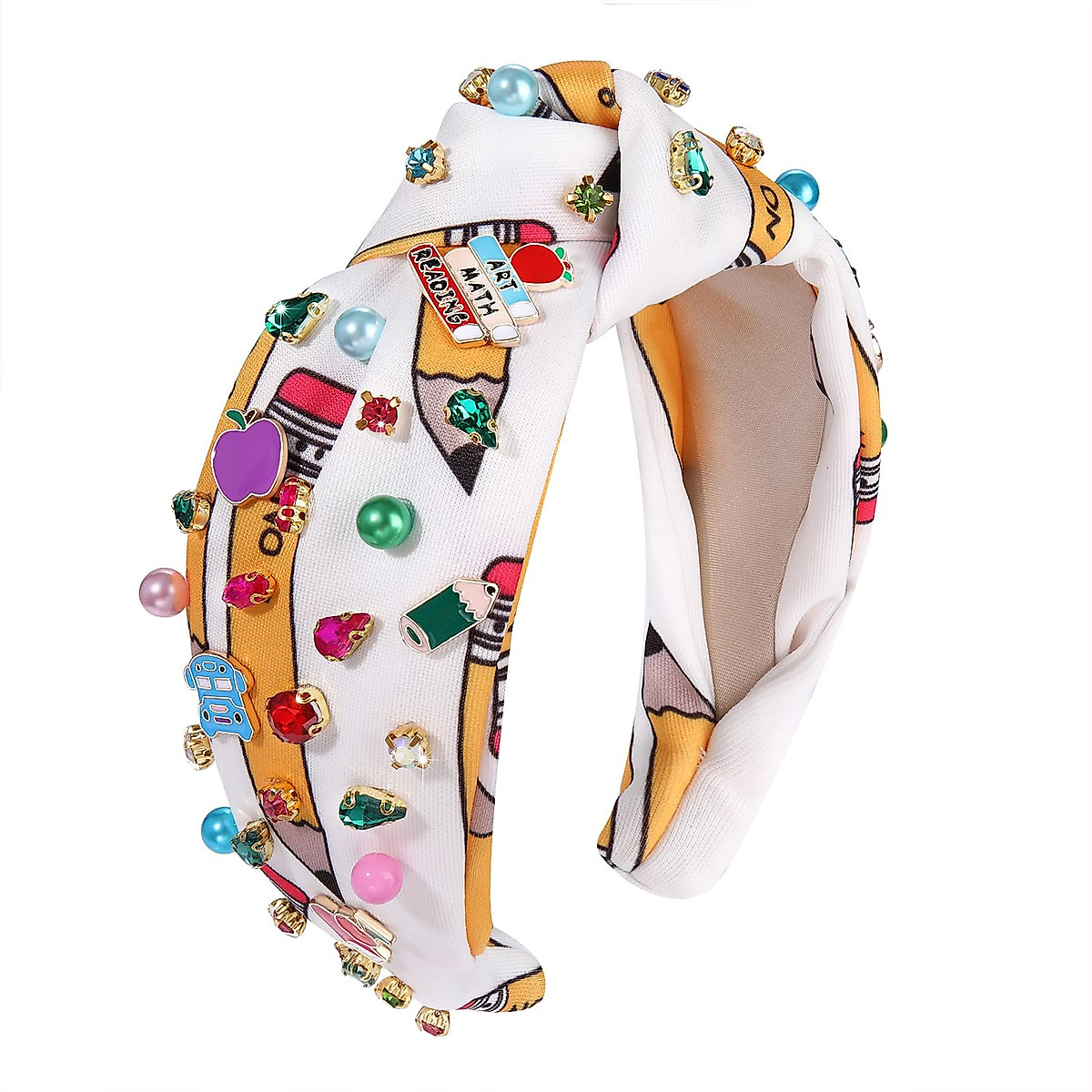 boderier Teacher Headbands for Women Pearl Crystal Knotted Headband Pencil Apple Embellished Headband Back to School Hair Accessory Teacher Appreciation Gifts (Crystal Beaded Charms)