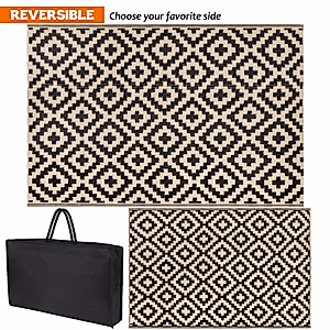 SAND MINE Reversible Mats, Plastic Straw Rug, Modern Area Rug, Large Floor Mat and Rug for Outdoors, RV, Patio, Backyard, Deck, Picnic, Beach, Trailer, Camping (4' x 6', Black & Beige Lattice)