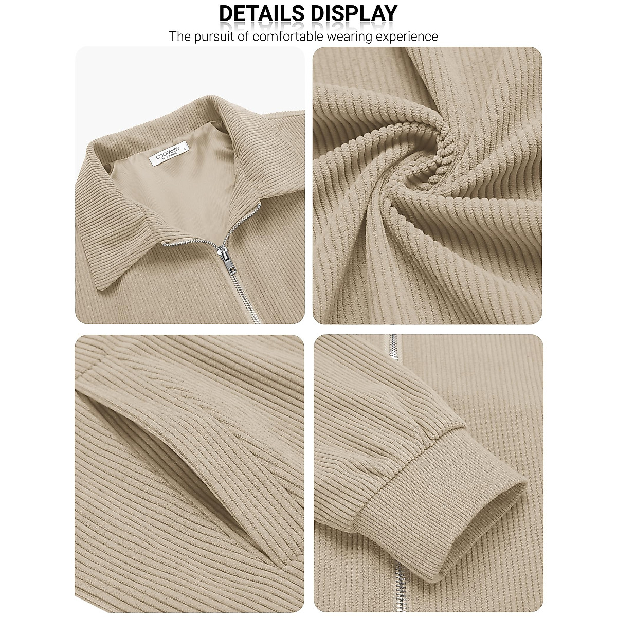 COOFANDY Men's Casual Corduroy Lightweight Jacket Cream Collared Bomber Jacket