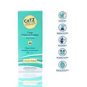 COTZ Face Prime & Protect Non-Tinted Mineral Sunscreen and Facial Primer Broad Spectrum SPF 40; PA++++ 1.5 oz / 42.5 g.