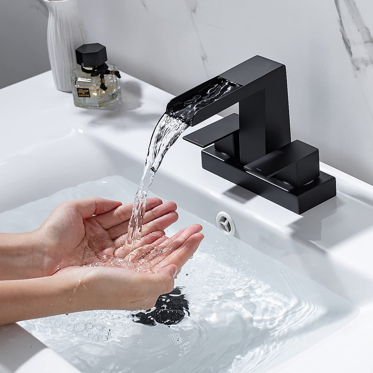 HAMOLER 4 Inch Centerset Waterfall Bathroom Faucet 2 Handle 3 Hole Basin Faucet with Pop Up Drain with Overflow, Vanity Faucet Matte Black