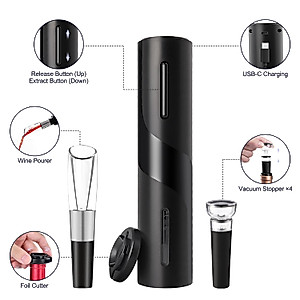 ELMWAY Electric Wine Opener Set, Rechargeable Wine Bottle Opener with Foil Cutter / 4 x Vacuum Stoppers/Premium Wine Aerator Pourer, Wine Corkscrew Remover, Automatic Wine Opener Gifts(Black)