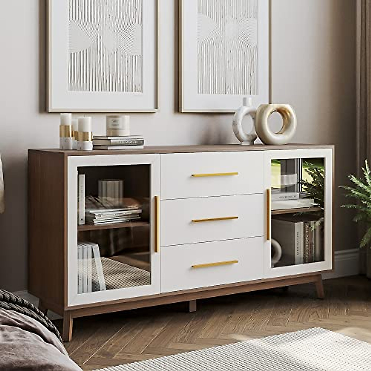 BELLEZE Sideboard Buffet Cabinet with 3 Drawers & 2 Doors, Console Table for Kitchen Glass Storage Cabinet Coffee Bar Accent Cabinet for Living Room Dining Room Hallway, White