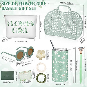 Ninehaoou 10 Pcs Flower Girl Jelly Basket Set Flower Girl Tumbler Sunglasses Makeup Bag Hair Scrunchies Clip Proposal Card with Pen Envelope Plastic Handbag for Wedding Bridal Shower (Green)
