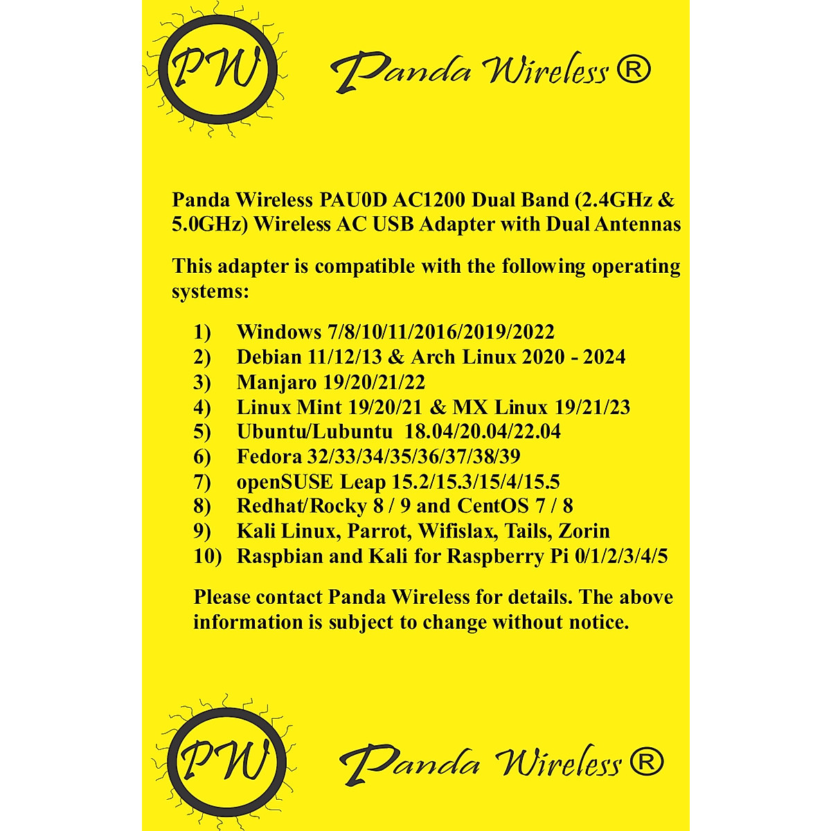 Panda Wireless® PAU0D AC1200 Wireless AC USB Adapter w/Dual Antennas - Windows 7/8/10/11/2019/2022, Chrome OS, Zorin, MXLinux, Mint, Ubuntu, Fedora, openSUSE, Rocky, Kali Linux and Raspbian