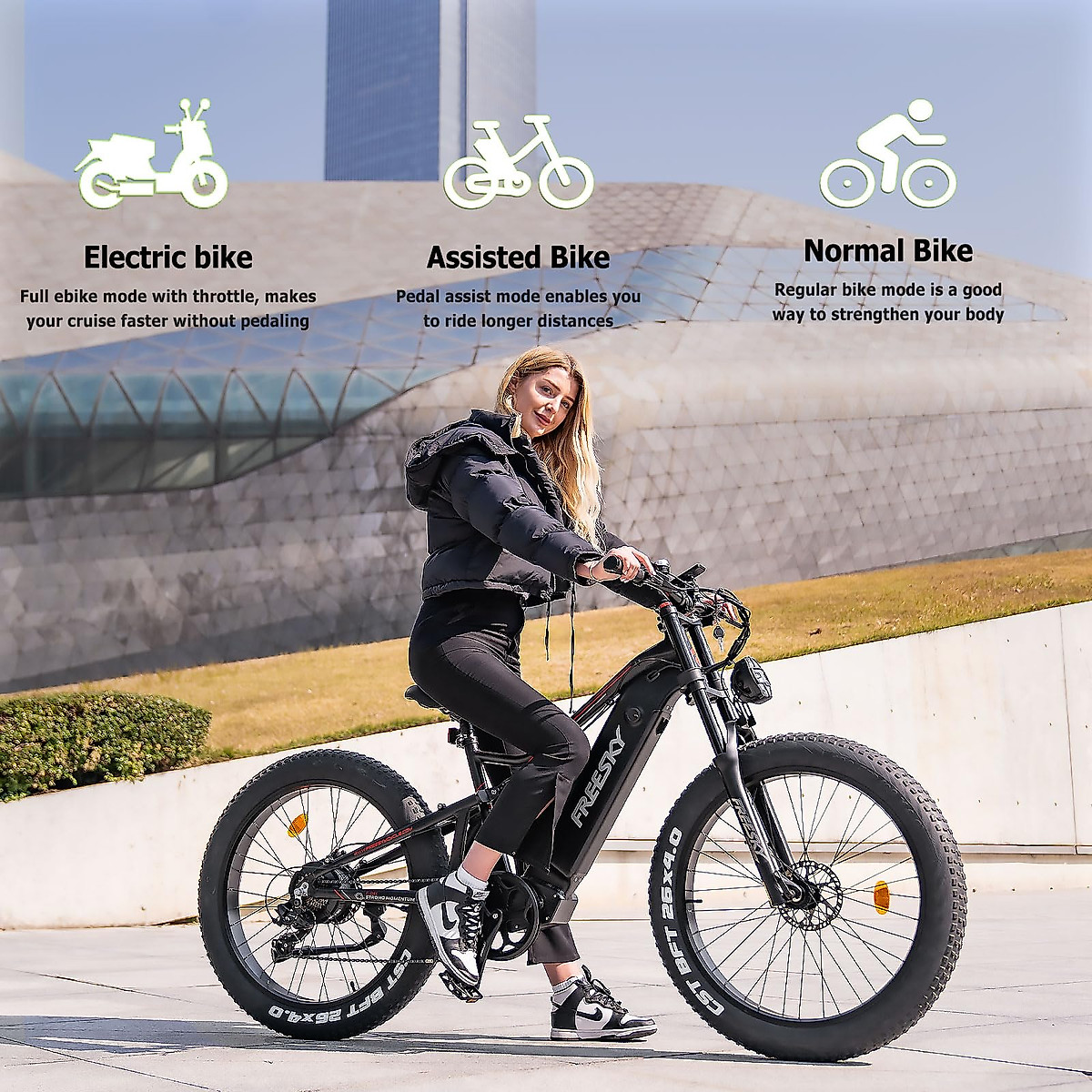 FREESKY 2024 Upgraded Electric Bike 𝟏𝟖𝟎𝟎𝐖, 48V 25Ah Battery Ebike for Adults, 26" Fat Tire Electric Bicycle 35MPH Full Suspension Mountain Beach E Bike, Up to 105 Miles Range