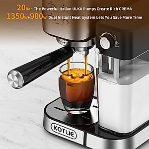 KOTLIE Espresso Coffee Machine with Milk Frother, One-Touch Automatic Coffee maker for Espresso/Cappuccino/Latte, ESE Pod Compatible, 20Bar Pump, Dual Heat System 1350W and 900W (120, Volts) (Metal)